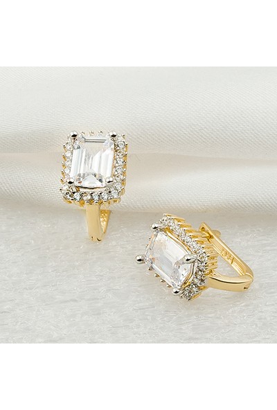 Bilezikci Baget Beyaz Taşlı 14 Ayar Altın Küpe