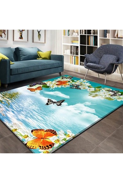 Else Canel 3D Mavi Gökyüzü Kelebekler Lastikli Halı Örtüsü