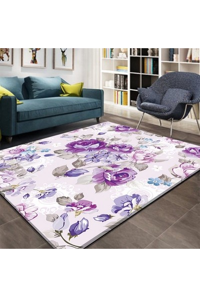 Else Canel 3D Mor Güller Lastikli Halı Örtüsü