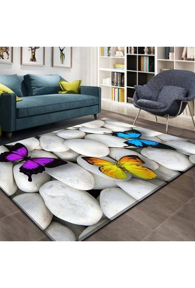 Else Canel 3D Renkli Kelebekler Lastikli Halı Örtüsü