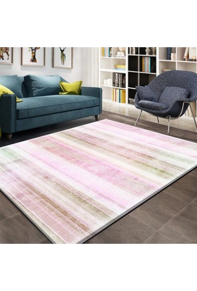 Else Canel 3D Toz Pembe Çizgiler Lastikli Halı Örtüsü