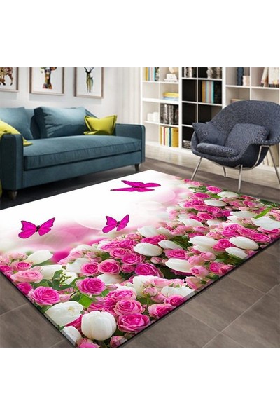 Else Canel 3D Pembe Laleler Kelebekli Lastikli Halı Örtüsü Else Canel 3D Pembe Laleler Kelebekli Lastikli Halı Örtüsü