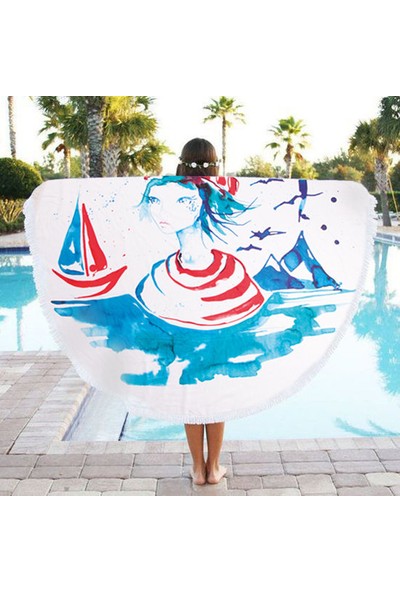 Anemoss Denizci Kız Desenli Yuvarlak Plaj Havlusu