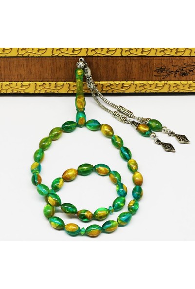 Tesbih Pasajı Dalgalı Yeşil Tonunda Simli Toz Kehribar Tesbih