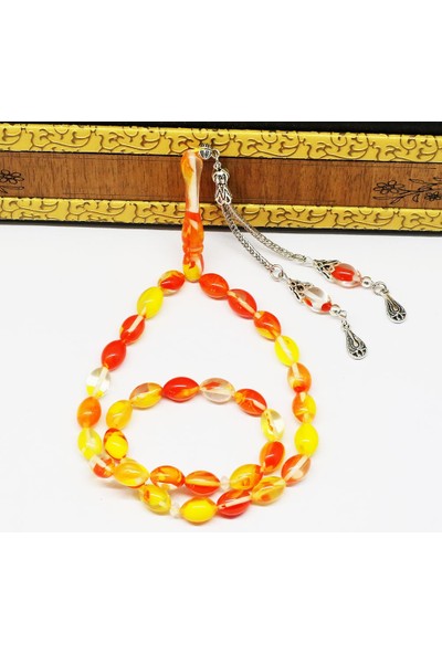 Tesbih Pasajı Dalgalı Sarı Kırmızı Tonunda Toz Kehribar Tesbih