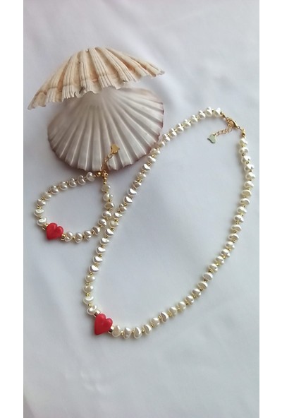 Batuge Bead Work Sevgililer Günü Murano Kalp Inci Kolye ve Bileklik Seti Batuge Bead Work Sevgililer Günü Murano Kalp Inci Kolye ve Bileklik Seti
