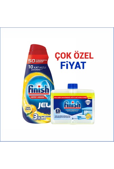 Finish 1 lt Hepsi Birarada Jel Limon Kokulu + Finish Makina Temizleyici 250 ml Limon Ferahlığı