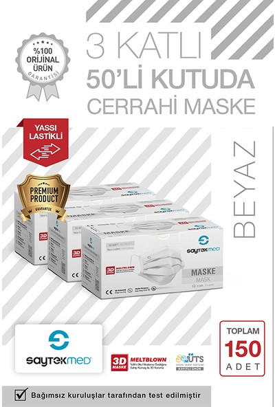 Saytekmed, Meltblown Filtreli, Yassı Ipli Beyaz Cerrahi Maske (150 Adet/3 Kutu) Saytekmed, Meltblown Filtreli, Yassı Ipli Beyaz Cerrahi Maske (150 Adet/3 Kutu)