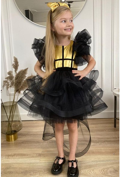 Riccotarz Kız Çocuk Kadife Şeritli ve Kuyruklu Kabarık Siyah Abiye Riccotarz Kız Çocuk Kadife Şeritli ve Kuyruklu Kabarık Siyah Abiye