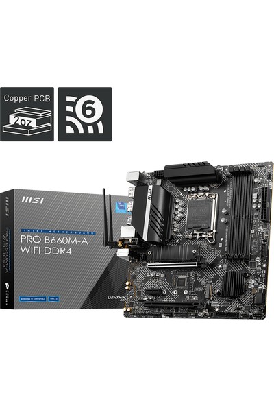 MSI PRO B660M-A WIFI DDR4 1700 DDR4 4800 MHz (OC) DP HDMI M.2 USB3.2 Wi-Fi 2.5G LAN  mATX Anakart MSI PRO B660M-A WIFI DDR4 1700 DDR4 4800 MHz (OC) DP HDMI M.2 USB3.2 Wi-Fi 2.5G LAN  mATX Anakart