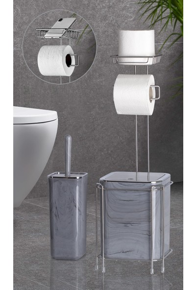 Okyanus Home Krom Yedekli Wc Kağıtlık - Kare Mermer Desenli Çöp Kovası ve Wc Fırça Seti Okyanus Home Krom Yedekli Wc Kağıtlık - Kare Mermer Desenli Çöp Kovası ve Wc Fırça Seti