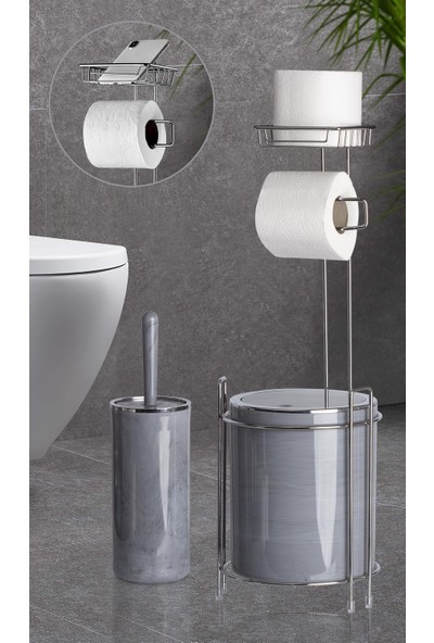 Okyanus Home Krom Yedekli Wc Kağıtlık - Yuvarlak Mermer Desenli Çöp Kovası ve Wc Fırça Seti Okyanus Home Krom Yedekli Wc Kağıtlık - Yuvarlak Mermer Desenli Çöp Kovası ve Wc Fırça Seti