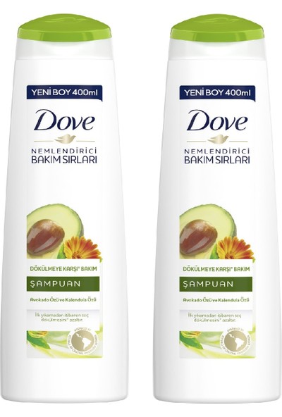 Dove Nemlendirici Bakım Sırları Saç Bakım Şampuanı Dökülmeye Karşı Bakım Avokado Özü ve Kalendula Özü 400 ML x2 Adet Dove Nemlendirici Bakım Sırları Saç Bakım Şampuanı Dökülmeye Karşı Bakım Avokado Özü ve Kalendula Özü 400 ML x2 Adet