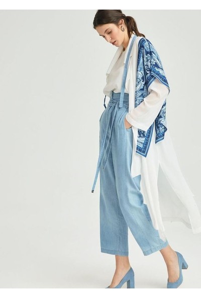 Hukka Mavi Şal Desenli Ceket Ekru