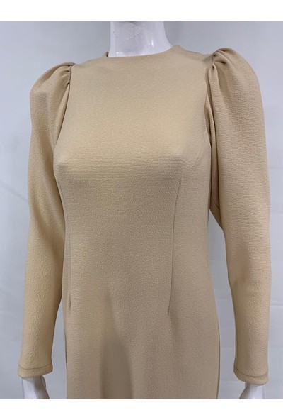 Hilal Oğuzkan Prenses Kol Etek Ucu Iki Katlı Volanlı Elbise Bej