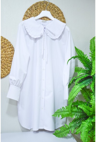 Pnrstil Kadın Poplin Yakası Fırfırlı Gömlek