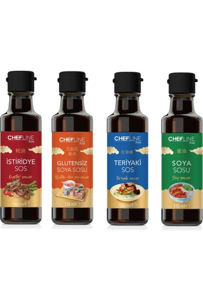 Chefline Asia Glutensiz Soya 150 ml + İstiridye Sos 150 ml + Soya Sosu 150 ml + Teriyaki Sos 150 ml 4'lü Chefline Asia Glutensiz Soya 150 ml + İstiridye Sos 150 ml + Soya Sosu 150 ml + Teriyaki Sos 150 ml 4'lü