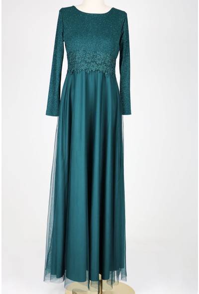 Hepyen Zümrüt Y Beli Dantelli Üstü Simli Tül Elbise