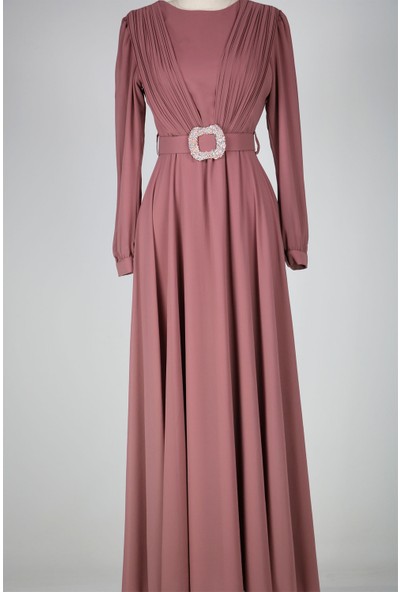 Hepyen Gül Kurusu Göğsü Piliseli Kemeri Taşlı Elbise Hepyen Gül Kurusu Göğsü Piliseli Kemeri Taşlı Elbise