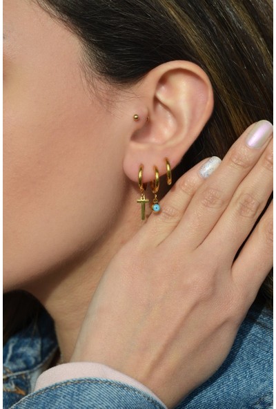 3 Lü Çelik Harf Küpe T