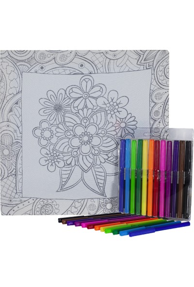 Mandala Tuval Tablo + Renkli Keçeli Kalemler - Çiçek Desenli Mandala Tuval Tablo + Renkli Keçeli Kalemler - Çiçek Desenli