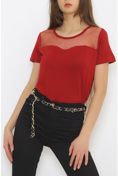 Önü Tül Detaylı Bluz Bordo - 8880.599.