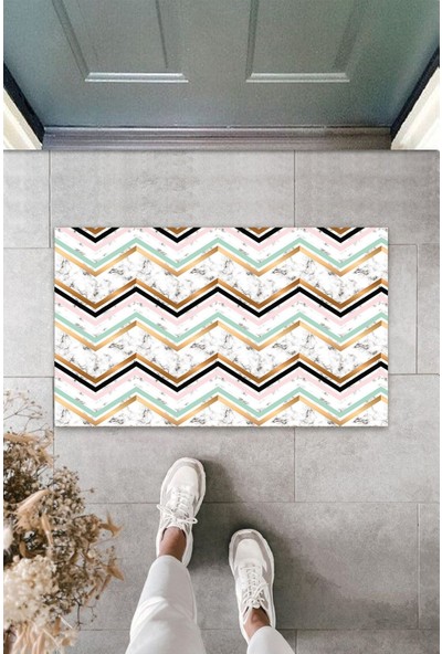 Silkcoat Home Dijital Baskı Beyaz Zigzag Kapı Paspası Ps1090