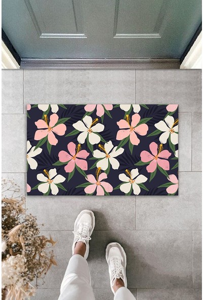 Silkcoat Home Dekoratif Dijital Baskı Siyah-Pembe Çiçek Dış Mekan Paspas Ps1164