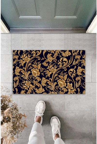 Silkcoat Home Dekoratif Dijital Baskı Siyah-Gold Çiçek Dış Mekan Paspas Ps1166 Silkcoat Home Dekoratif Dijital Baskı Siyah-Gold Çiçek Dış Mekan Paspas Ps1166
