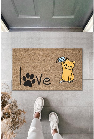 Silkcoat Home Dijital Baskı Kahverengi Patili Love Yazılı Maskeli Kedi Dekoratif Kapı Paspası Ps1279