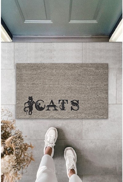 Silkcoat Home Dijital Baskı Gri Kedilerle Bezenmiş Cats Yazılı Dekoratif Kapı Paspası Ps1314