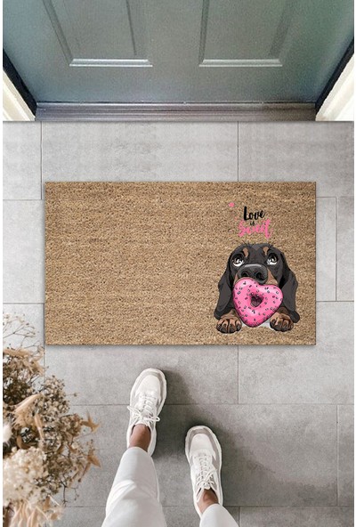 Silkcoat Home Dijital Baskı Kahverengi Love Sweet Pembe Uzun Kulaklı Köpek Dekoratif Kapı Paspası Ps1326