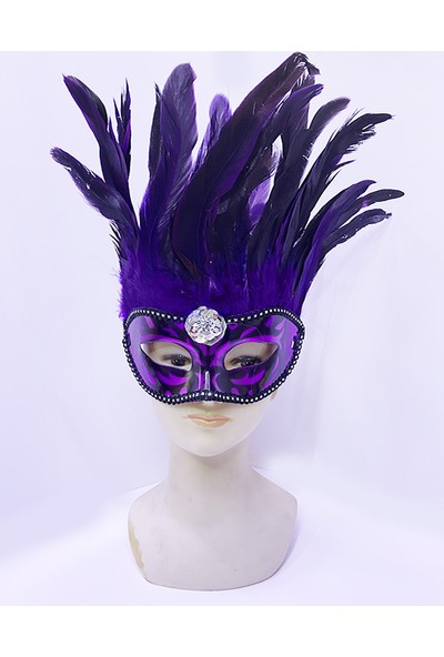 ERPA ToysShop Mor Renk Ekstra Bol Kuş Tüylü Gümüş Dantelli Venedik Maskesi 30X19 cm