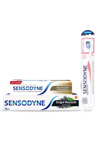 Sensodyne Doğal Beyazlık Kömürlü 75 ml + Tam Koruma Beyazlatıcı + Diş Eti Diş Fırçası Sensodyne Doğal Beyazlık Kömürlü 75 ml + Tam Koruma Beyazlatıcı + Diş Eti Diş Fırçası