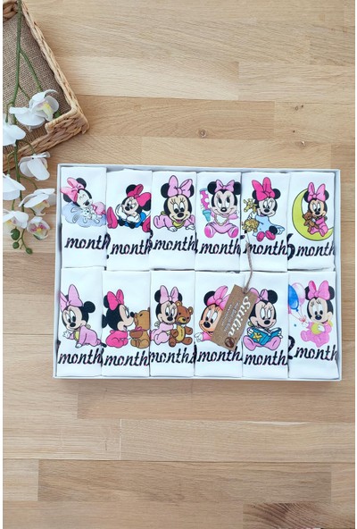 Stilin Aylık Kız Badi Set 12 Ay Her Ay Özel Mickey Baskılı Uzun Kollu Çıtçıtlı Kız Body