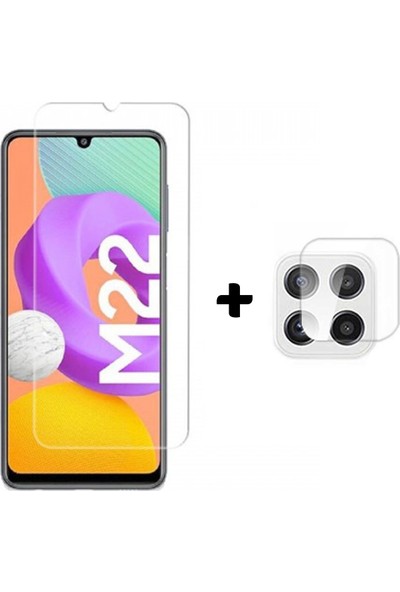 Samsung Galaxy M22 / A22 / M32 Uyumlu Temperli Cam Ekran Koruyucu ve Şeffaf Arka Kamera Koruyucu Samsung Galaxy M22 / A22 / M32 Uyumlu Temperli Cam Ekran Koruyucu ve Şeffaf Arka Kamera Koruyucu