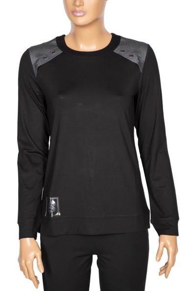 Defrina Kadın Ayşin Omuzları Denim Kombinli Siyah Bluz Defrina Kadın Ayşin Omuzları Denim Kombinli Siyah Bluz