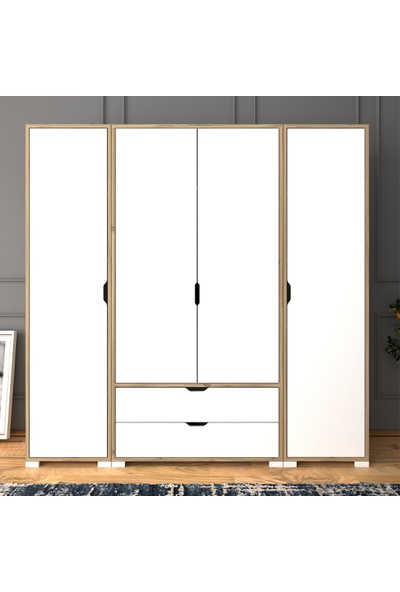 Midoser Mat Beyaz - Keçe (Açık Ceviz) 4 Kapılı 2 Çekmeceli Elbise Dolabı - Gardırop Midoser Mat Beyaz - Keçe (Açık Ceviz) 4 Kapılı 2 Çekmeceli Elbise Dolabı - Gardırop