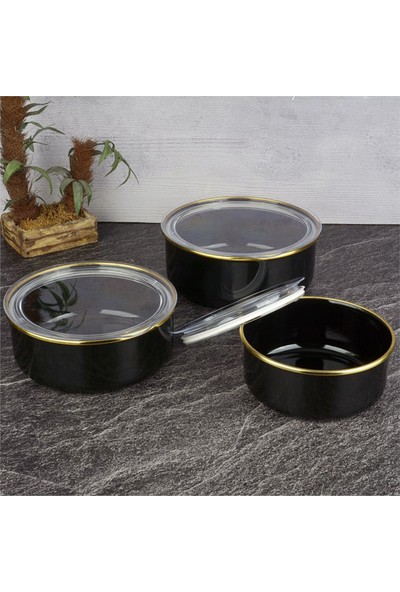 EWS Siyah Gold 3'lü Emaye Saklama Kabı 14-16-18 cm