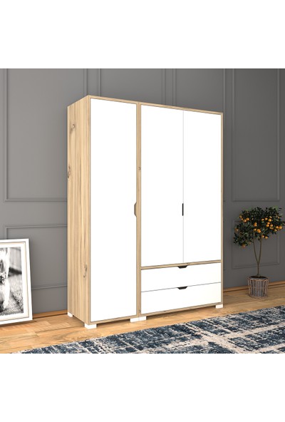 Midoser Mat Beyaz - Keçe (Açık Ceviz) 3 Kapılı 2 Çekmeceli Elbise Dolabı - Gardırop Midoser Mat Beyaz - Keçe (Açık Ceviz) 3 Kapılı 2 Çekmeceli Elbise Dolabı - Gardırop
