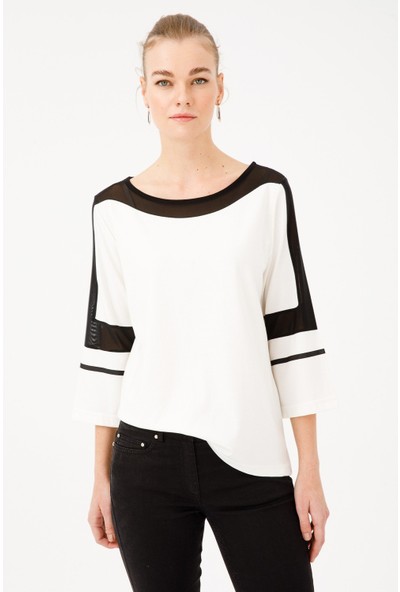 Ekol On Kadın Kayık Yaka Tül Detaylı Bluz 66331