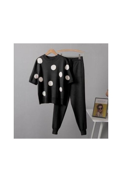 1moda1tarz Kadın Geometrik Desen Triko Alt-Üst Takım Üst Kazak Alt Cep Detaylı Pantolon