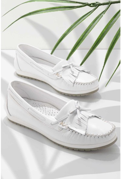 Bambi Beyaz Leather Kadın Loafer Ayakkabı K015296207