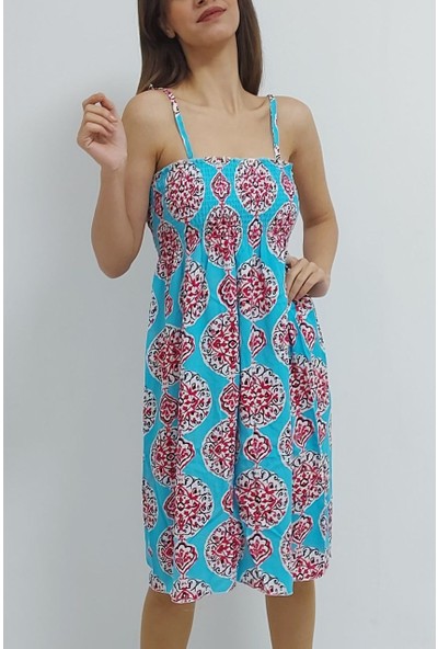 İnobag Ip Askılı Desenli Elbise Turkuaz
