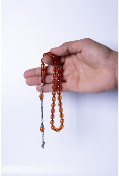 Roza Silver Türk Bayrağı Motifli Gümüş Püsküllü Sıkma Kehribar Tesbih