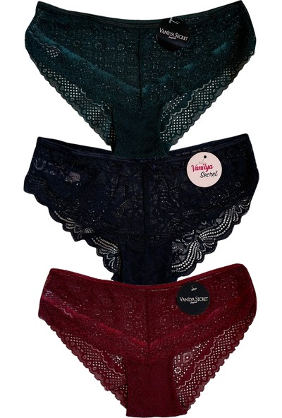 Vanilya Secret Kadın Dantelli 3'lü Set Hipster Külot Yeşil, Lacivert, BORDOVST8999888888