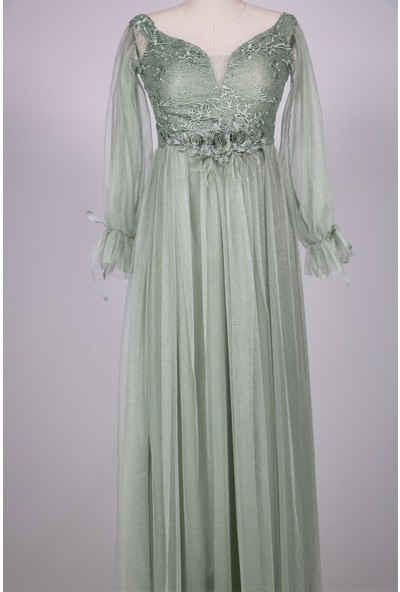 Hepyen Mint Yeşili Belli Aplikli Üzeri Dantel Tül Elbise