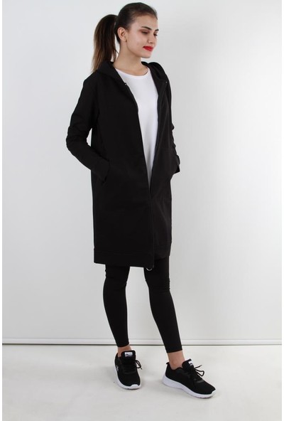 Hipatu Ön Fermuarlı Kapşonlu Siyah Hırka