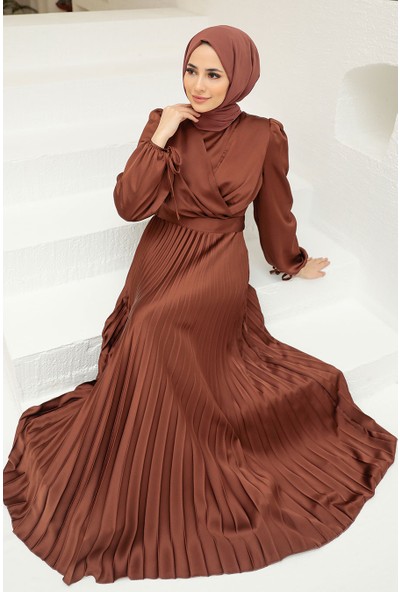 Neva Style Tesettürlü Abiye Elbise - Saten Kahverengi Tesettür Abiye Elbise 3452KH