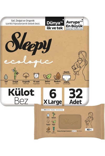 Sleepy Ecologic Külot Bez 6 Numara Xlarge 32'li + Yenidoğan Islak Bebek Bakım Havlusu Sleepy Ecologic Külot Bez 6 Numara Xlarge 32'li + Yenidoğan Islak Bebek Bakım Havlusu